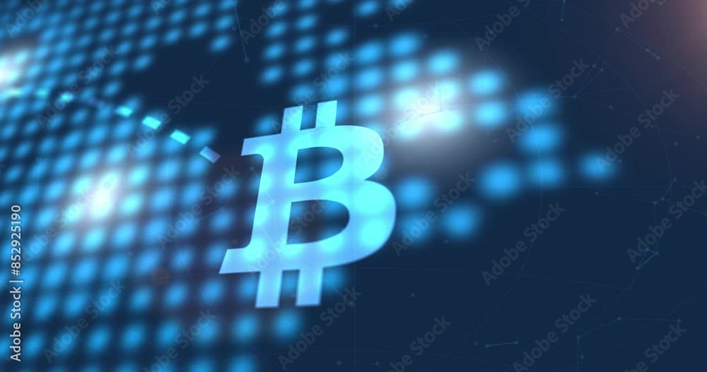 Animated Bitcoin cryptocurrency icon set against a blue digital world map, symbolizing global ...