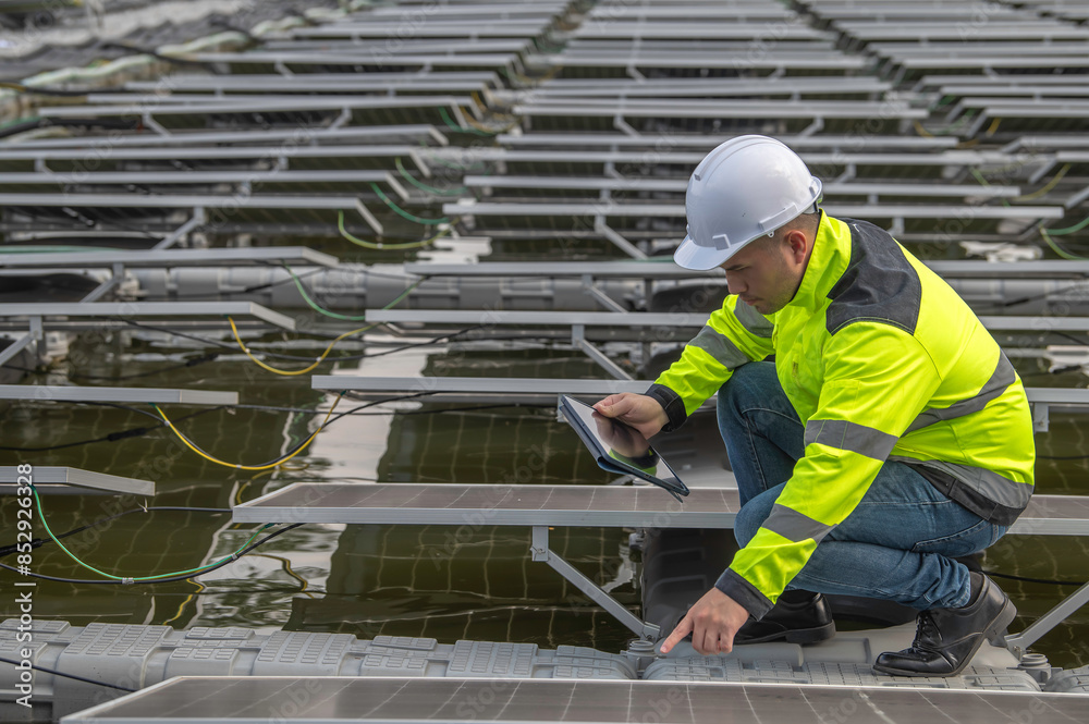 Engineer working at floating solar farm,checking and maintenance with ...