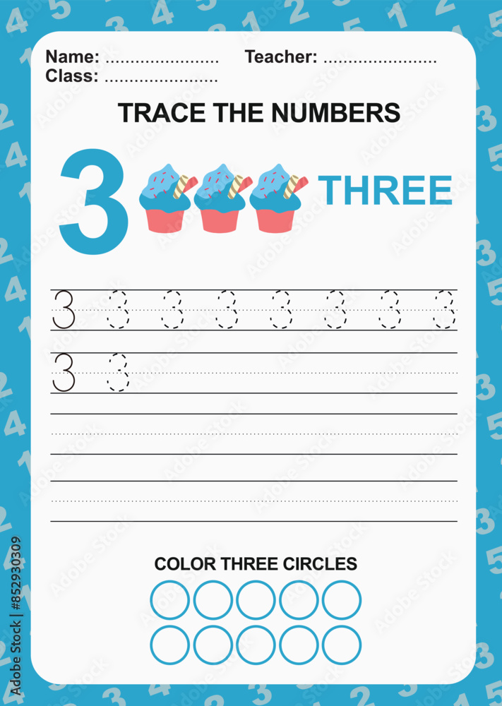 Trace and write number for children. Exercise for children to recognize ...