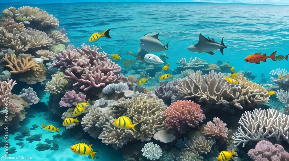 coral reef with fish The coral reefs surrounding this tropical island ...