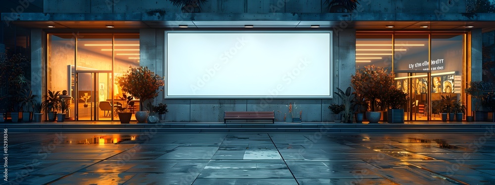 Elegant and modern city mall entrance with a large illuminated white ...