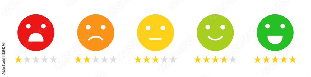 Customer satisfaction level with rating stars icon. Feedback emotion ...