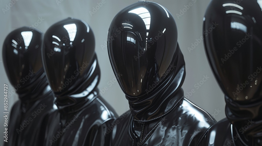 Four people in black plastic suits with reflective surfaces Stock ...