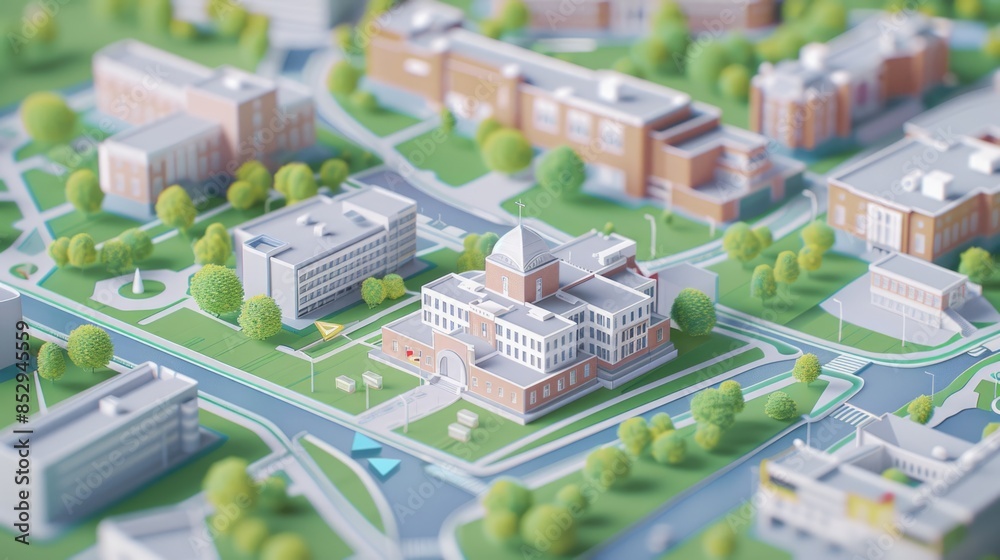 Aerial view of cityscape, mix of buildings with roofs, green trees, and ...