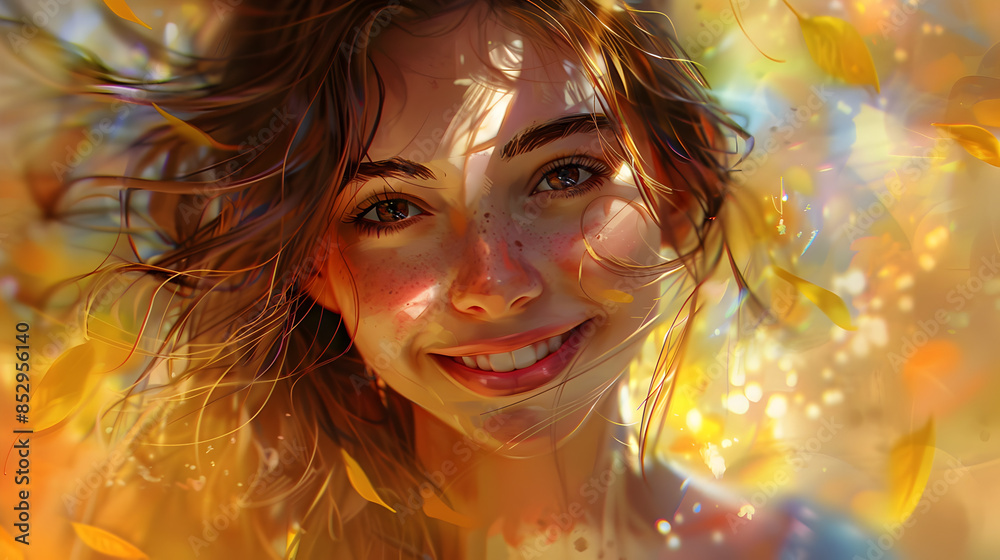 The smile on her face radiates pure happiness, with her eyes crinkling ...