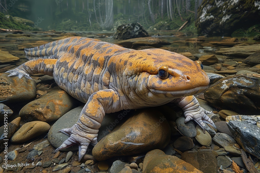 A Chinese giant salamander submerged in a clear mountain stream, its ...