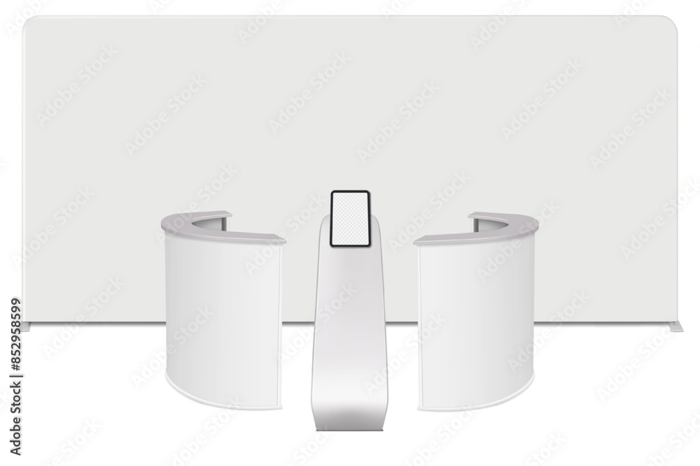 Trade show booth display kit. Realistic 3d vector mock-up. White blank ...