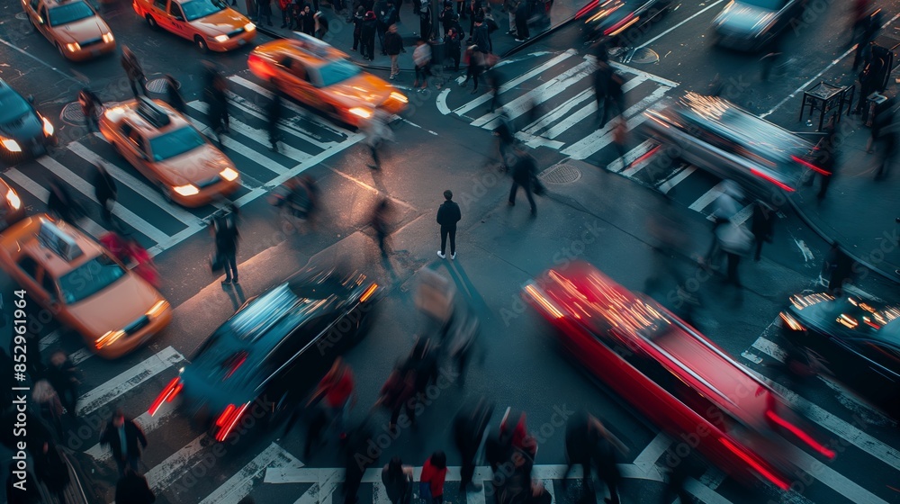 Lonely man in a crowd: One figure at an intersection, surrounded by ...