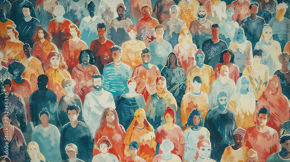 Watercolor sketch of a diverse crowd of people gathered. Different ...