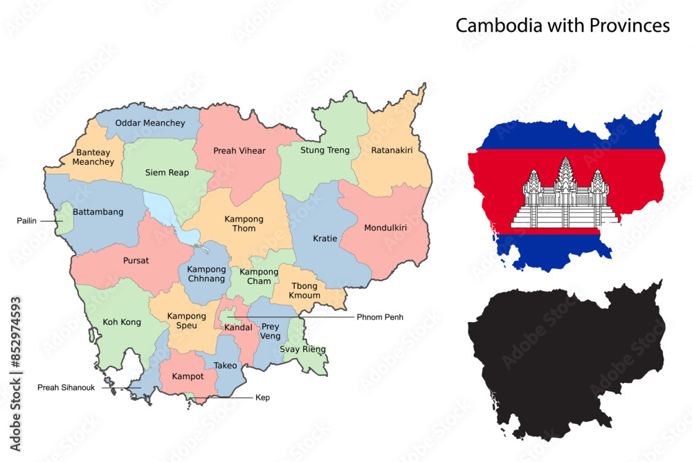 Cambodia with Provinces administrative divisions. Cambodia with Provinces flag and map ...