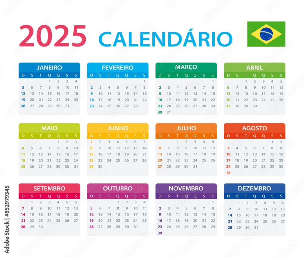 2025 Calendar Brazilian - vector illustration, Brazilian version. Stock ...