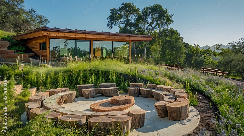eco-friendly outdoor classroom with natural seating, a living roof, and ...