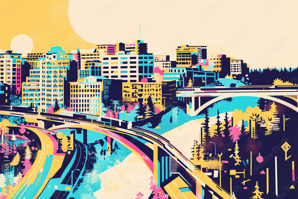 Risograph print travel poster illustration of Spokane, Washington ...
