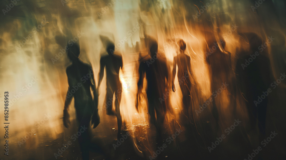 An enigmatic image of shadowy figures emerging from darkness into light ...