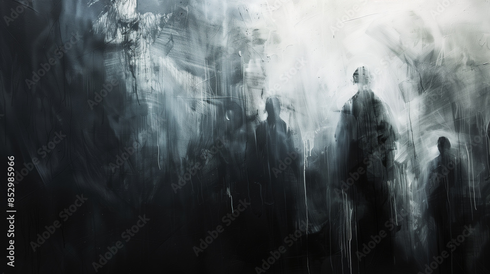 An enigmatic image of shadowy figures emerging from darkness into light ...