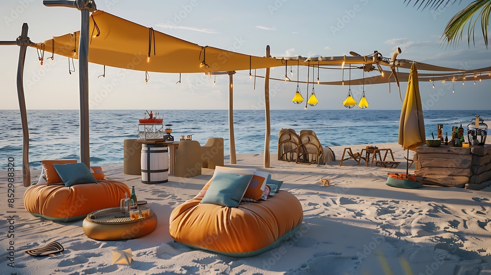beachfront lounging area with custom-built sand furniture, sun shades ...