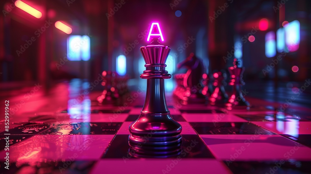 Neon Chess Set with Fluorescent Lighting and Reflective Surfaces Stock ...