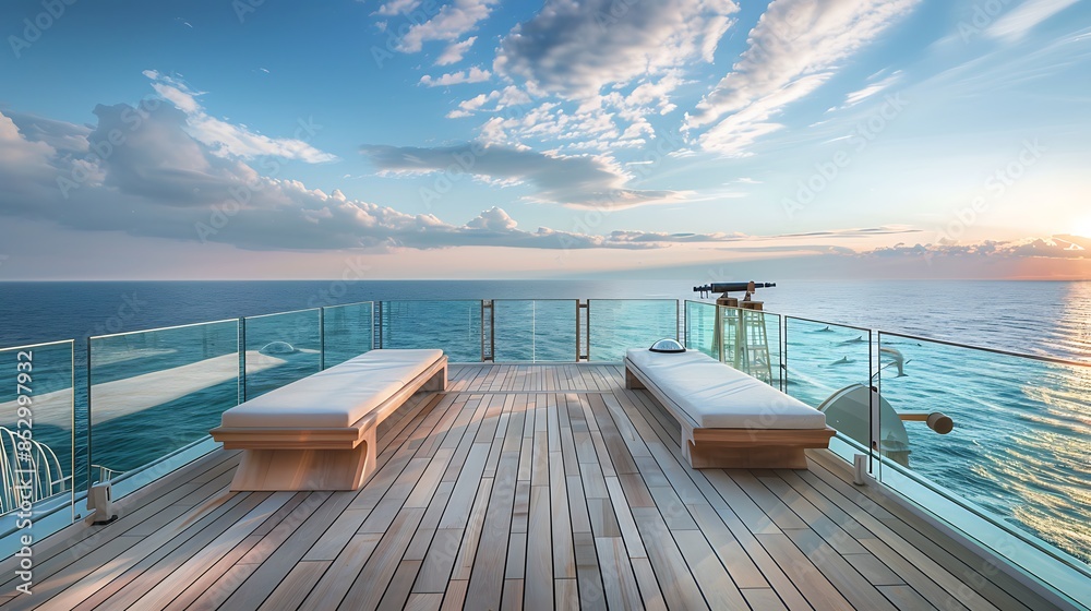 luxury seaside deck with built-in benches, glass balustrades, and a ...