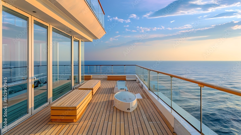 luxury seaside deck with built-in benches, glass balustrades, and a ...