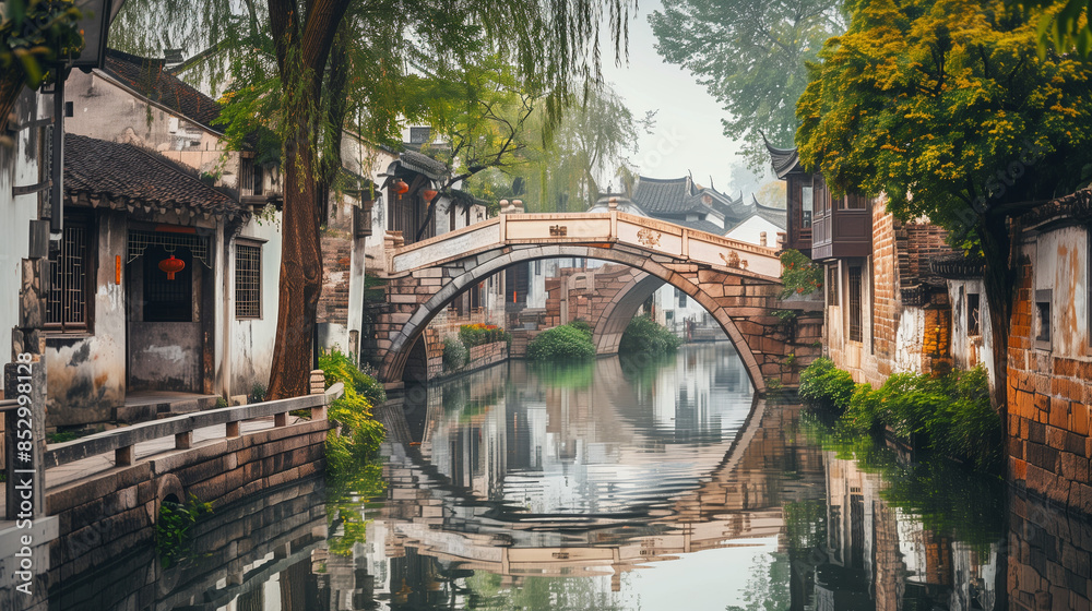 The serene canals of Suzhou's ancient water towns, with stone bridges ...