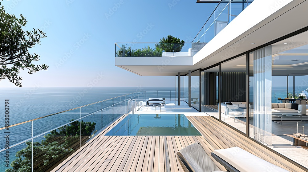 modern minimalist deck overlooking the ocean, with clear glass ...