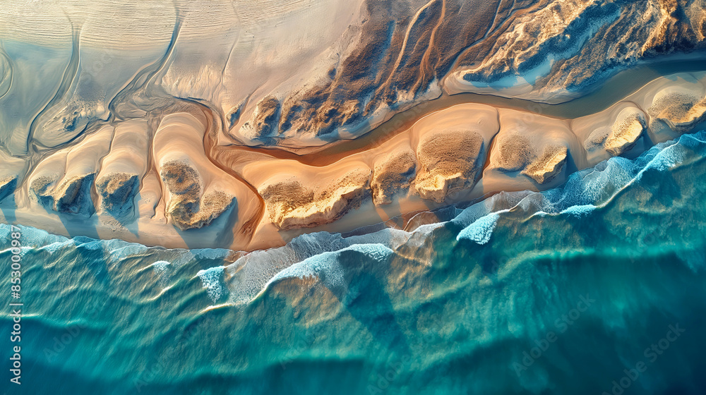 Aerial view of a coastal landscape where sandy dunes meet the turquoise ...