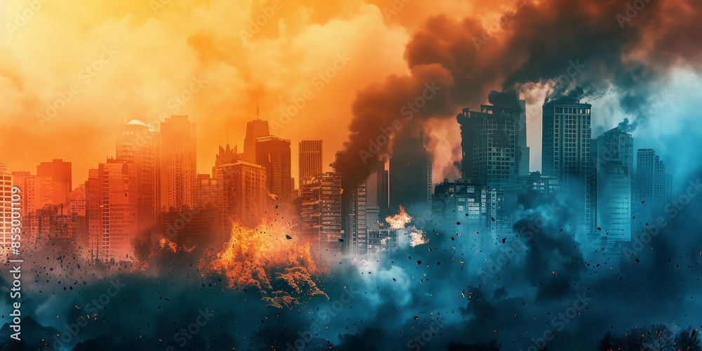 Apocalyptic Skyline in Fire and War Smoke with Ruins and Protest ...