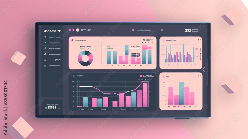 Modern data dashboard with graphs and charts in a pink and gray color ...