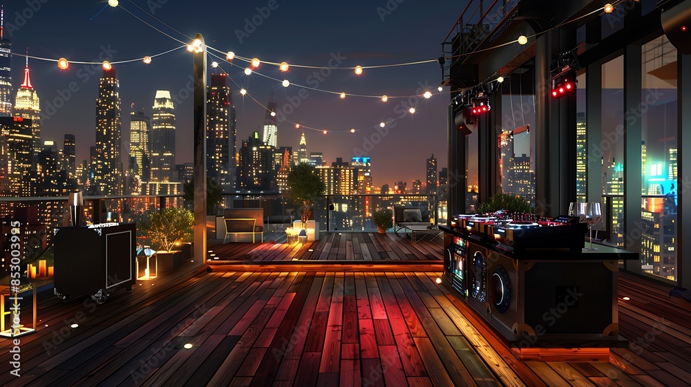 rooftop party deck with a dance floor, DJ booth, and bar, all set ...