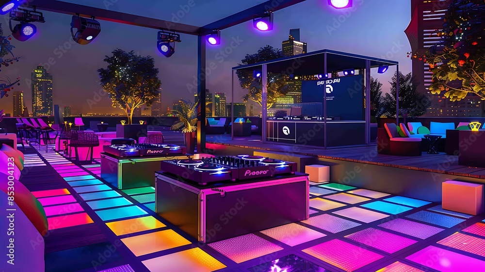 rooftop party space with a live DJ booth, color-changing LED floor ...