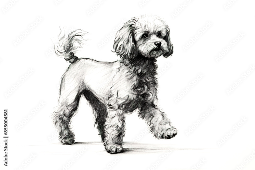 Charcoal sketch of a fluffy Poodle puppy, with big round eyes and curly ...