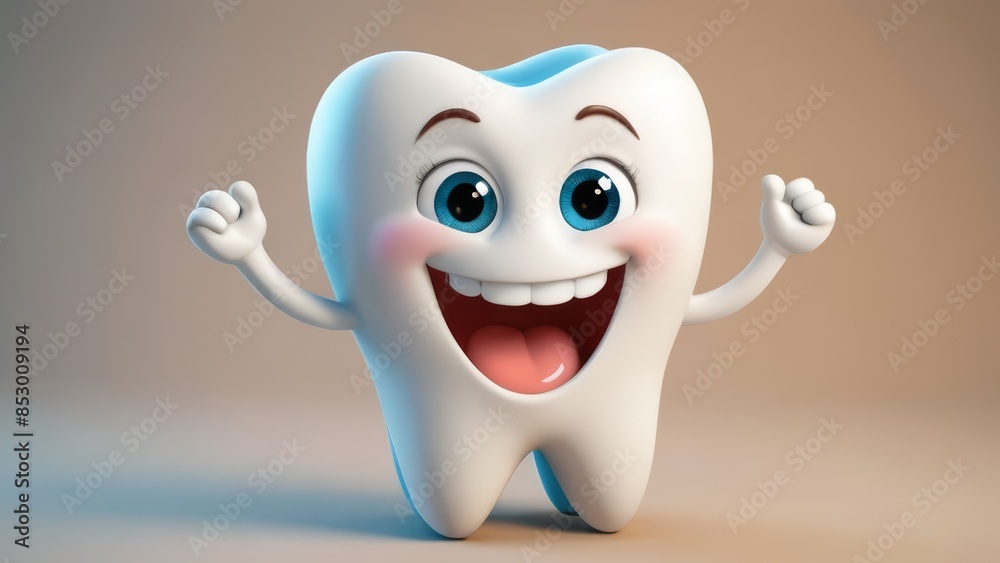 A cheerful 3D illustration of a smiling tooth character with a playful ...