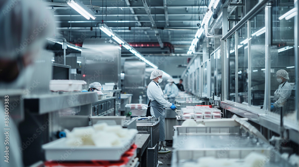 Featuring advanced freezing and packaging machinery, workers in ...