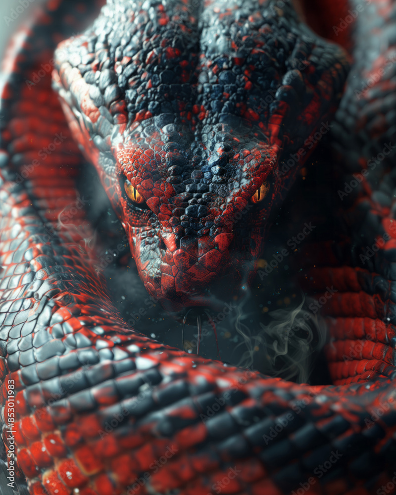 A closeup of the head of an epic red snake with an angry expression ...