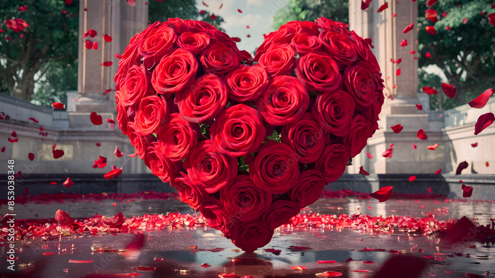 Romántica escena con formación de corazón de rosas rojas y pétalos ...