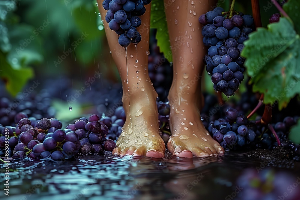 Beautiful female feet in a bowl with grapes, trample knead grape juice ...