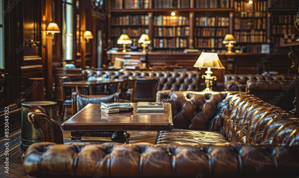 Traditional reading area in an old library with leather sofas, wooden ...