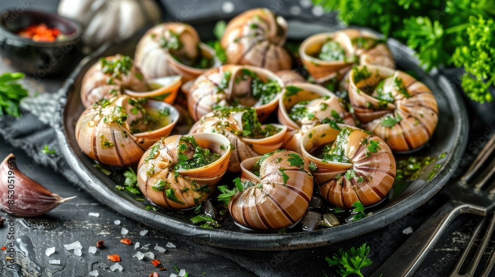 Photograph of a platter of plump, juicy escargots nestled in their ...