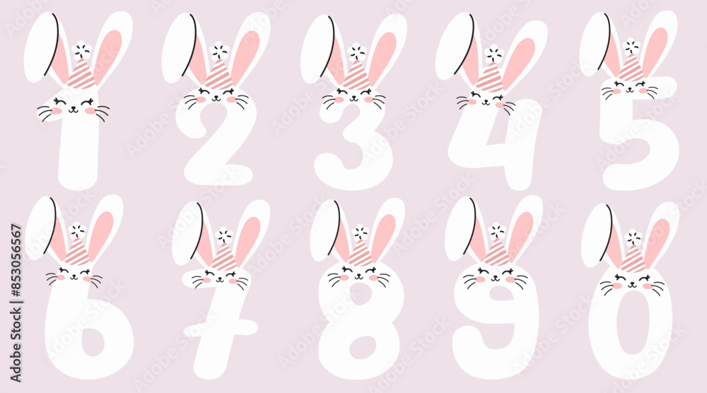 Set of numbers with cute bunny ears. Pink numbers from 1 to 9 shaped ...