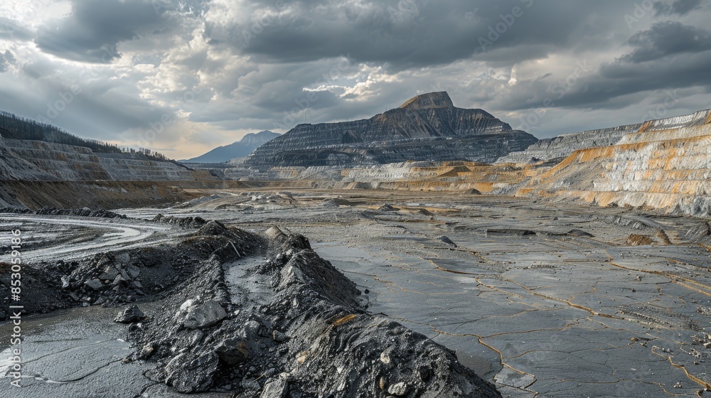 Desolate mining site with exposed rock layers under a cloudy sky ...