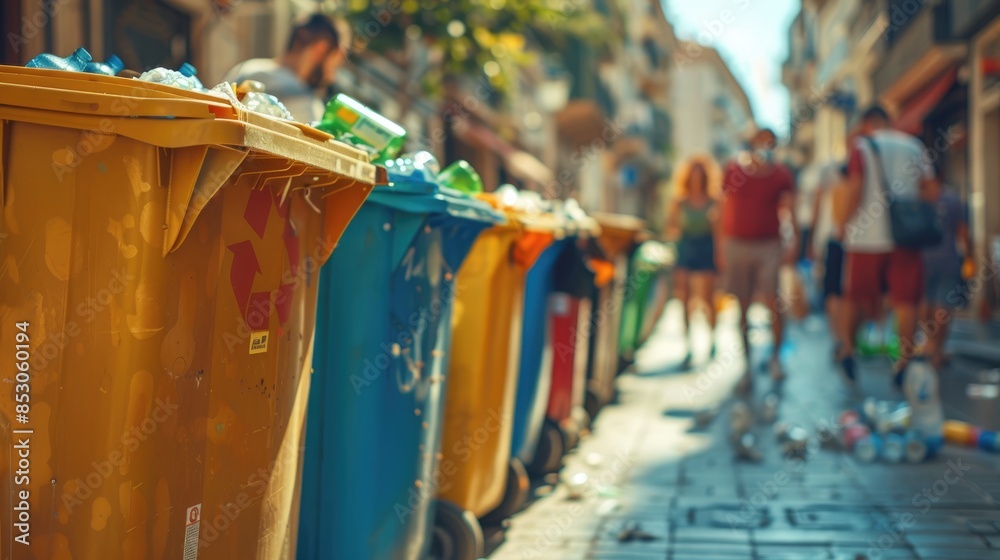 Row of colorful trash bins overflowing with waste on a busy city street, highlighting the ...