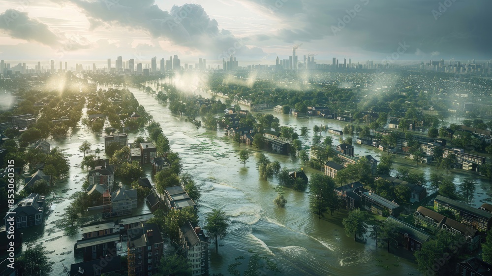 Aerial view of a flooded urban neighborhood with submerged streets and houses, illustrating the ...