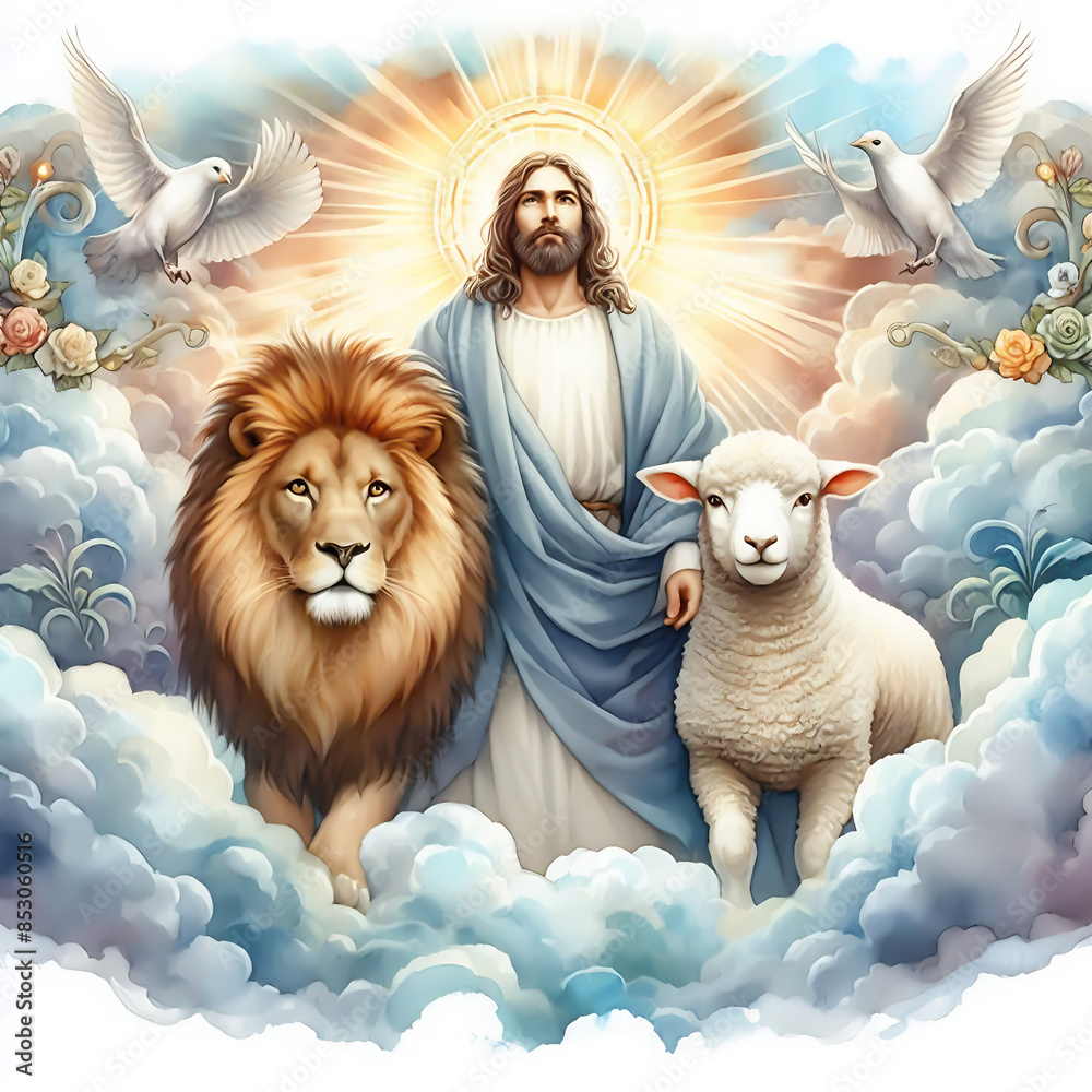 Jesus, the lion, the lamb of God. Digital watercolor painting ...
