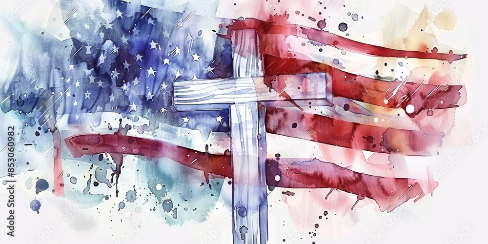 watercolor American flag draped cross for memorial day flat lay ...