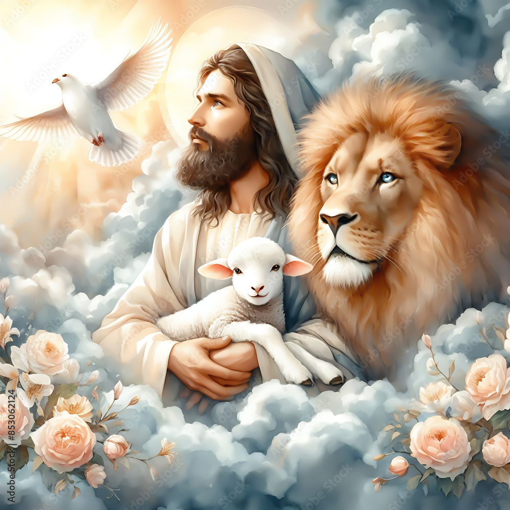 Jesus, the lion, the lamb of God. Digital watercolor painting Stock ...