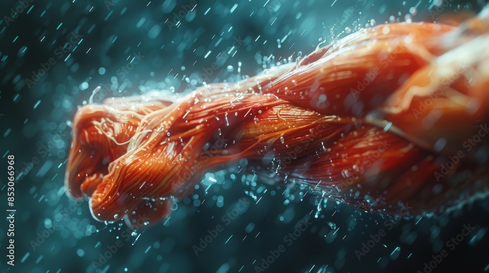 Paint a scene of muscle fibers undergoing hypertrophy in response to ...