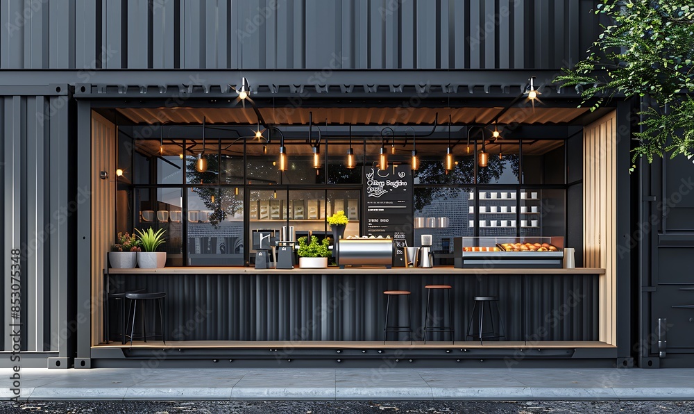 Container Café 3D Illustration of a Stylish 20ft Coffee Shop, A sleek, contemporary design for ...