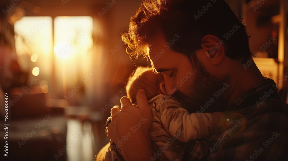 Ultra realistic uhd stock photo father comforting crying baby in warmly ...