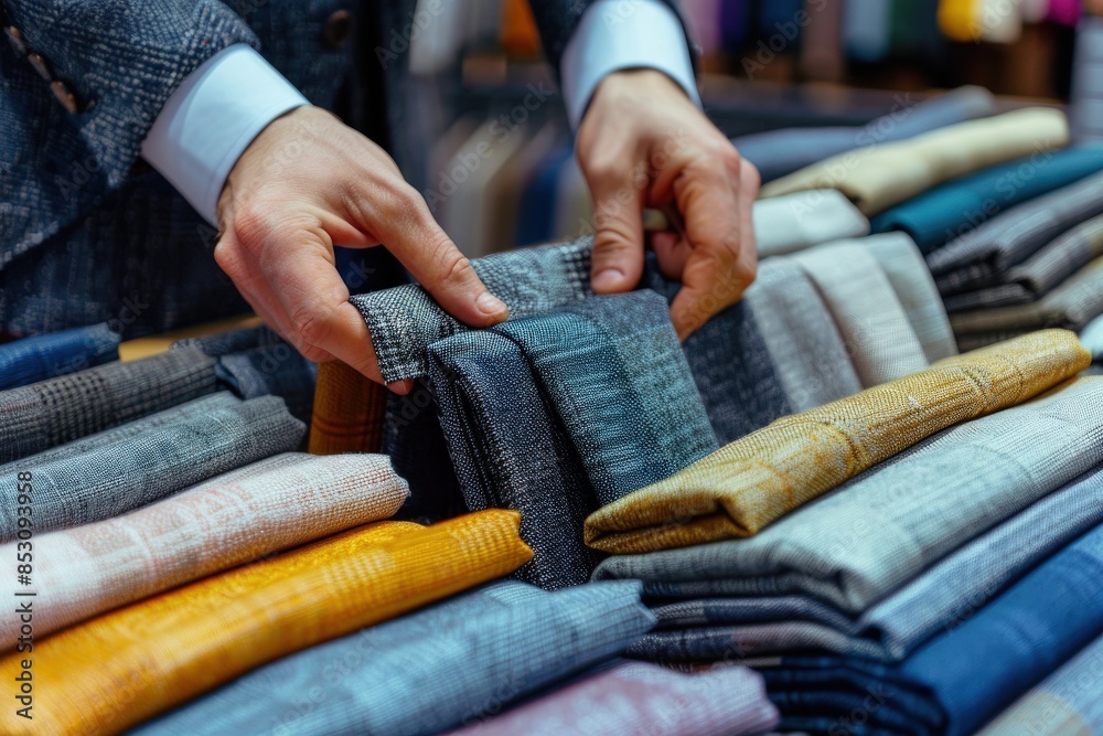 Hand picking fabric swatches for business attire, detailed textures ...