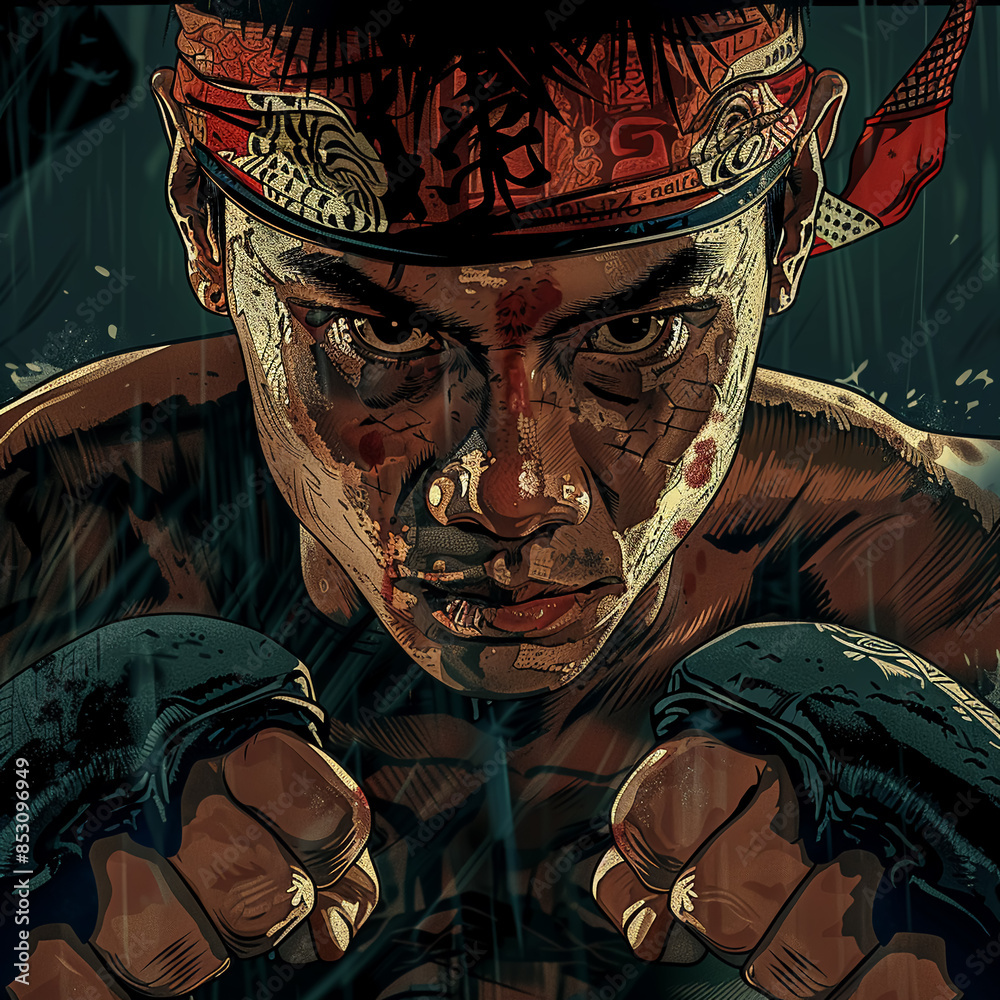 A close-up portrait of a Muay Thai fighter with traditional headgear ...